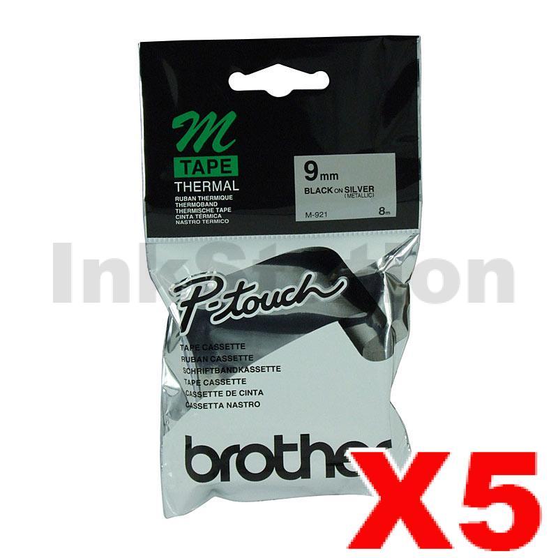 Brother 5 x Genuine M-921 9mm Black Text on Silver Tape - 8 meters - P ...