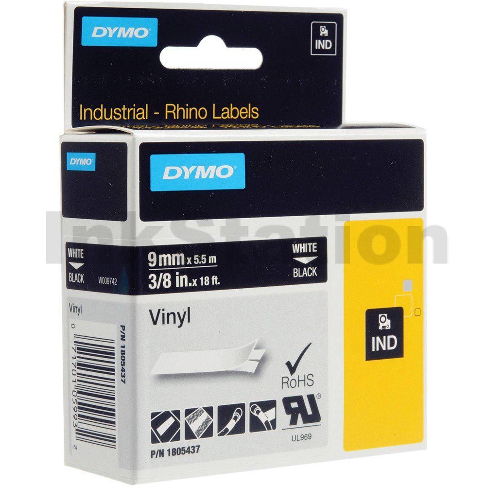 Dymo SD1805437 Genuine 9mm White Text on Black Vinyl Industrial Rhino ...