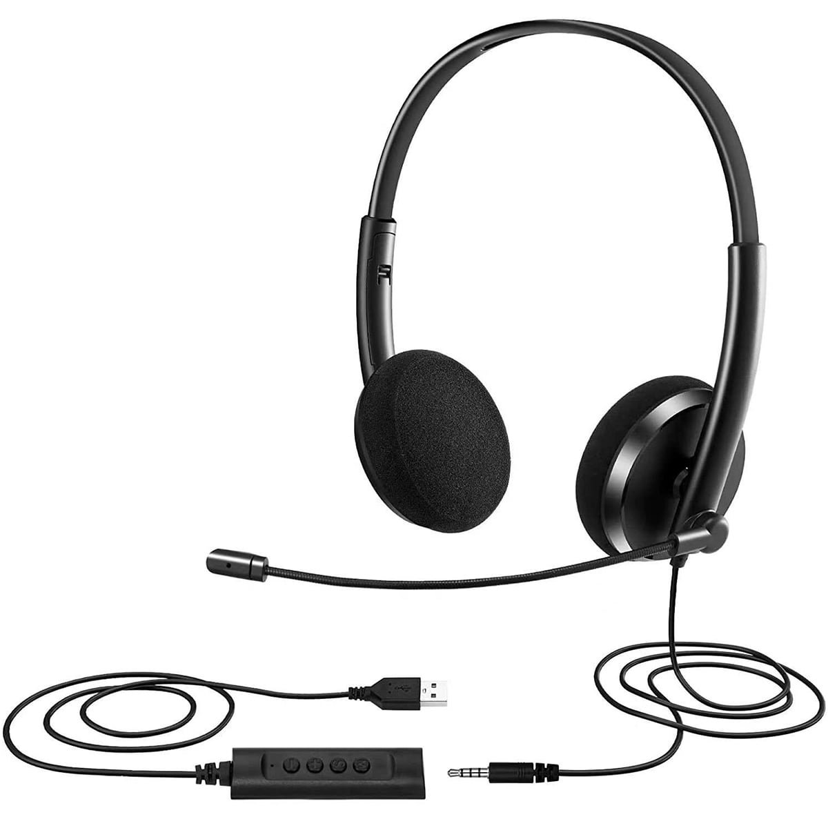 Office Computer Headset USB and 3.5mm with Built-in Microphone Black ...