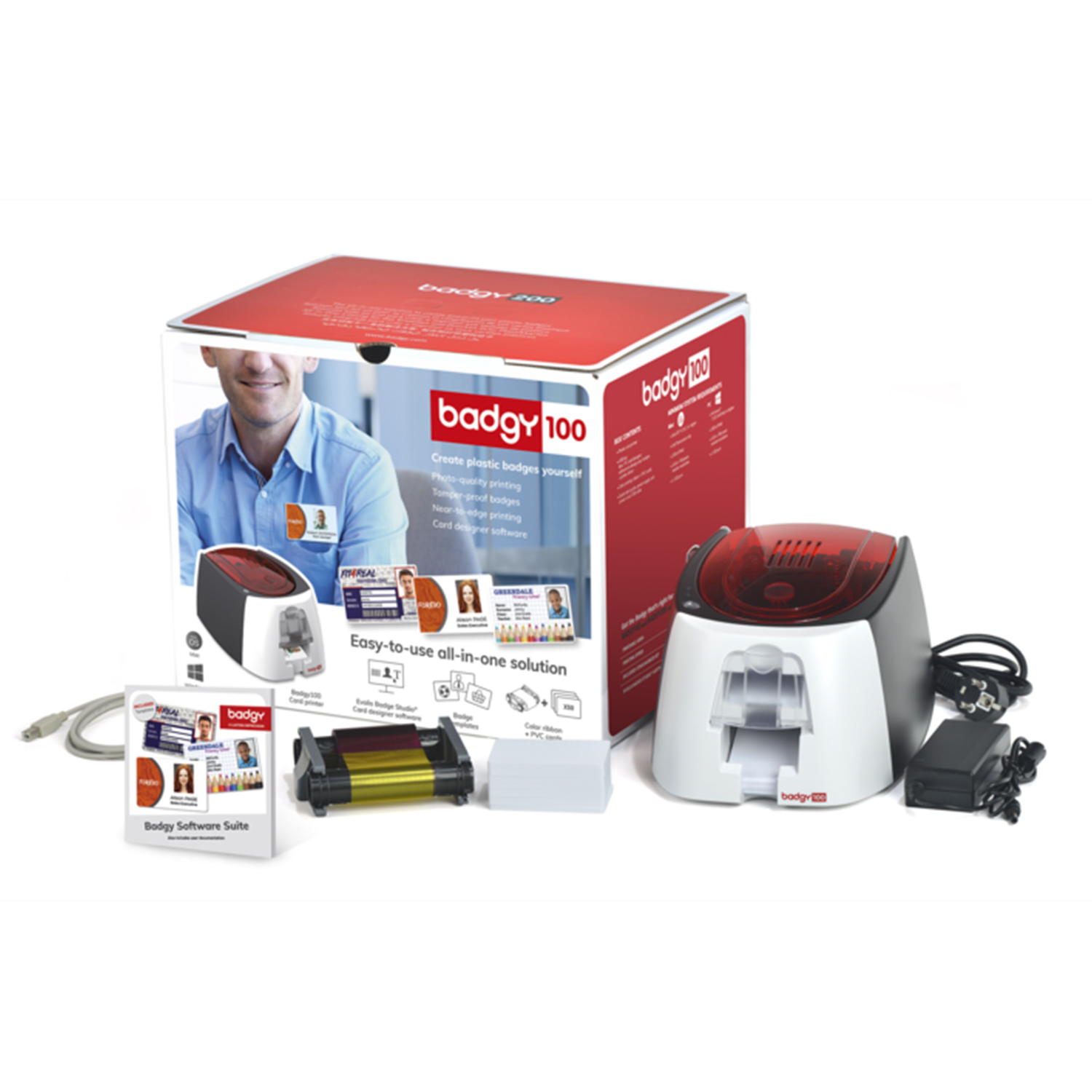 Evolis Badgy 100 Colour Plastic ID Card Printer Starter Package - Ink Station