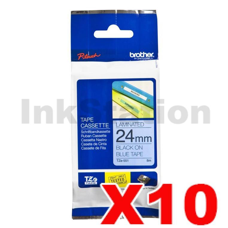 Brother 10 x Genuine TZe-551 24mm Black Text on Blue Laminated Tape - 8 ...