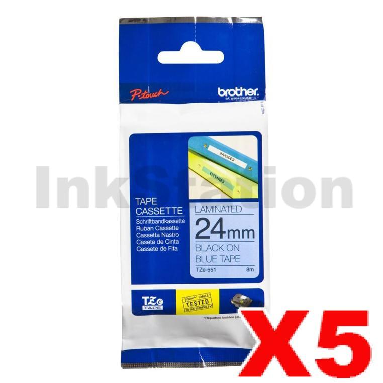 Brother 5 x Genuine TZe-551 24mm Black Text on Blue Laminated Tape - 8 ...