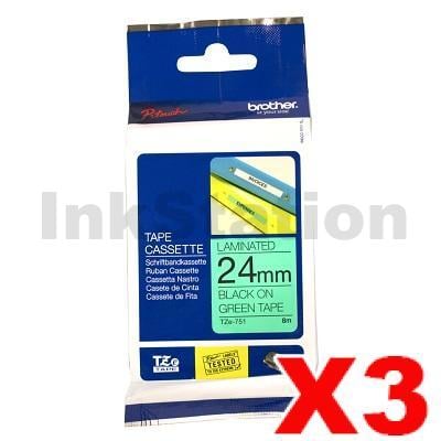 Brother 3 x Genuine TZe-751 24mm Black Text on Green Laminated Tape - 8 ...