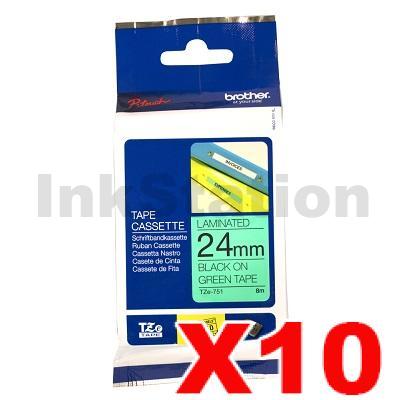 Brother 10 x Genuine TZe-751 24mm Black Text on Green Laminated Tape ...