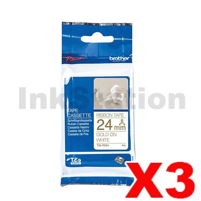 Brother 3 x Genuine TZe-R254 24mm Gold Text on White Ribbon Tape - 4 metres - P-Touch Tape ...