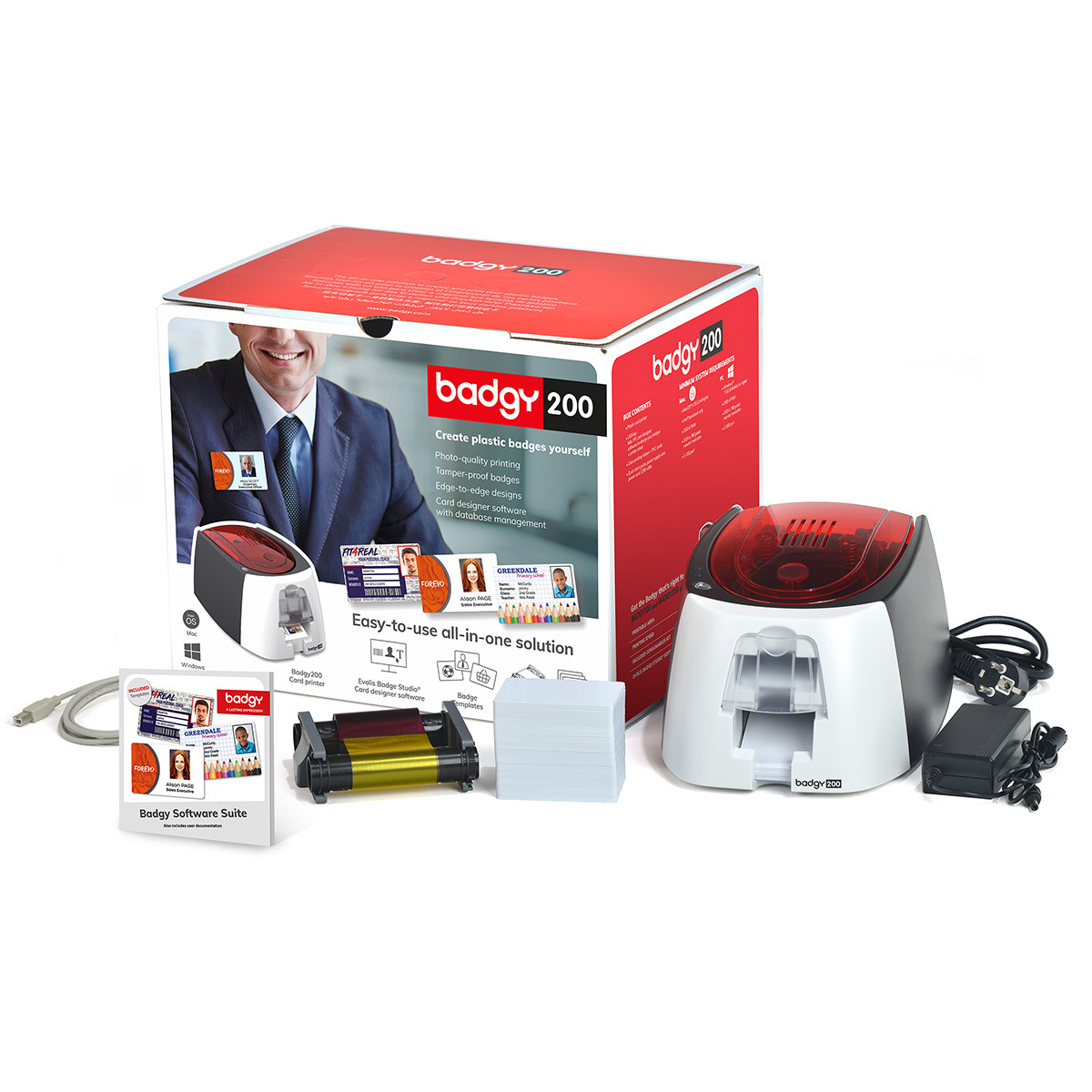 Evolis Badgy 200 Colour Plastic ID Card Printer Starter Package ...