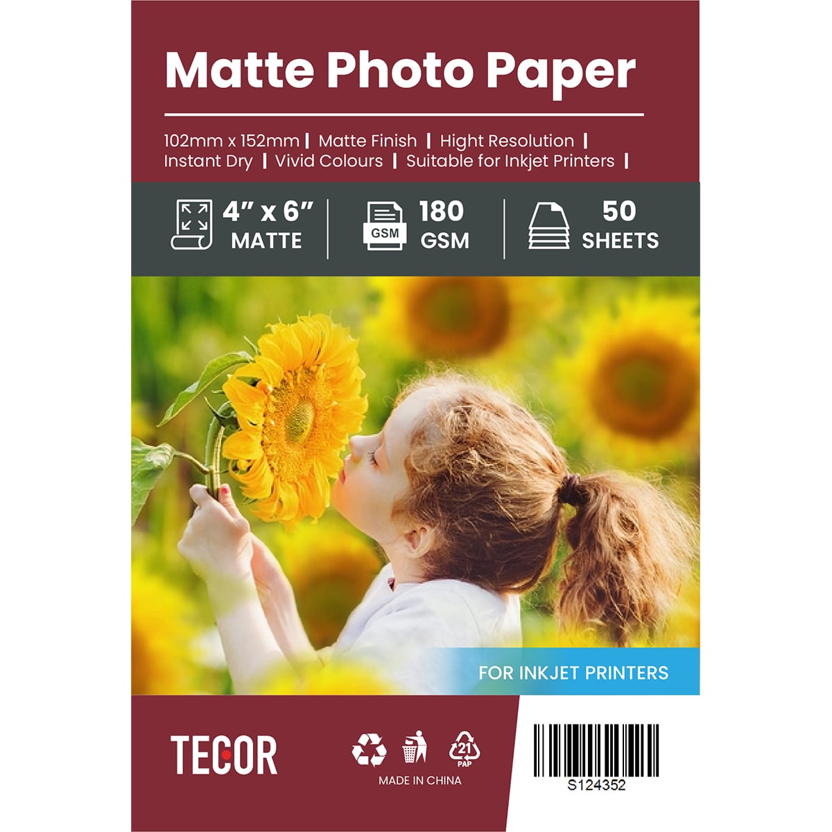 Matte Photo Paper 180GSM 4 x 6 inches for Inkjet Printers - 50 sheets ...