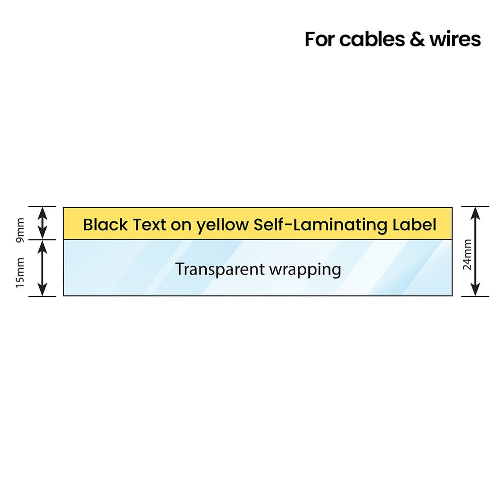 Brother Compatible TZe-SL651 24mm Black Text on Yellow Self-Laminating Label for Cables & Wires ...