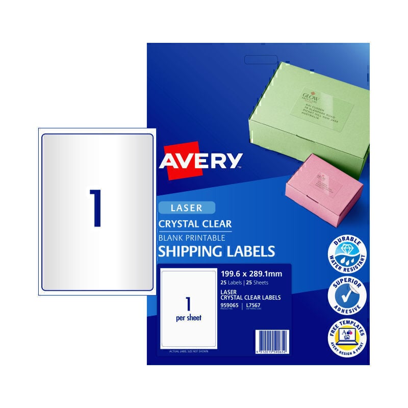 Avery #959065 Crystal Clear Laser Shipping Labels 1UP 199.6 x 289.1mm ...