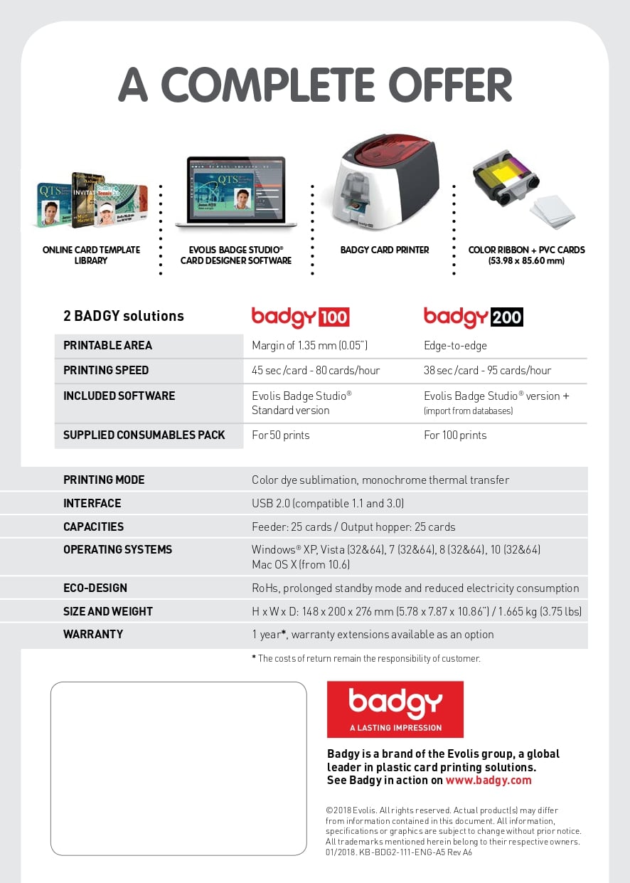 Evolis Badgy 100 Colour Plastic ID Card Printer Starter Package - InkStation