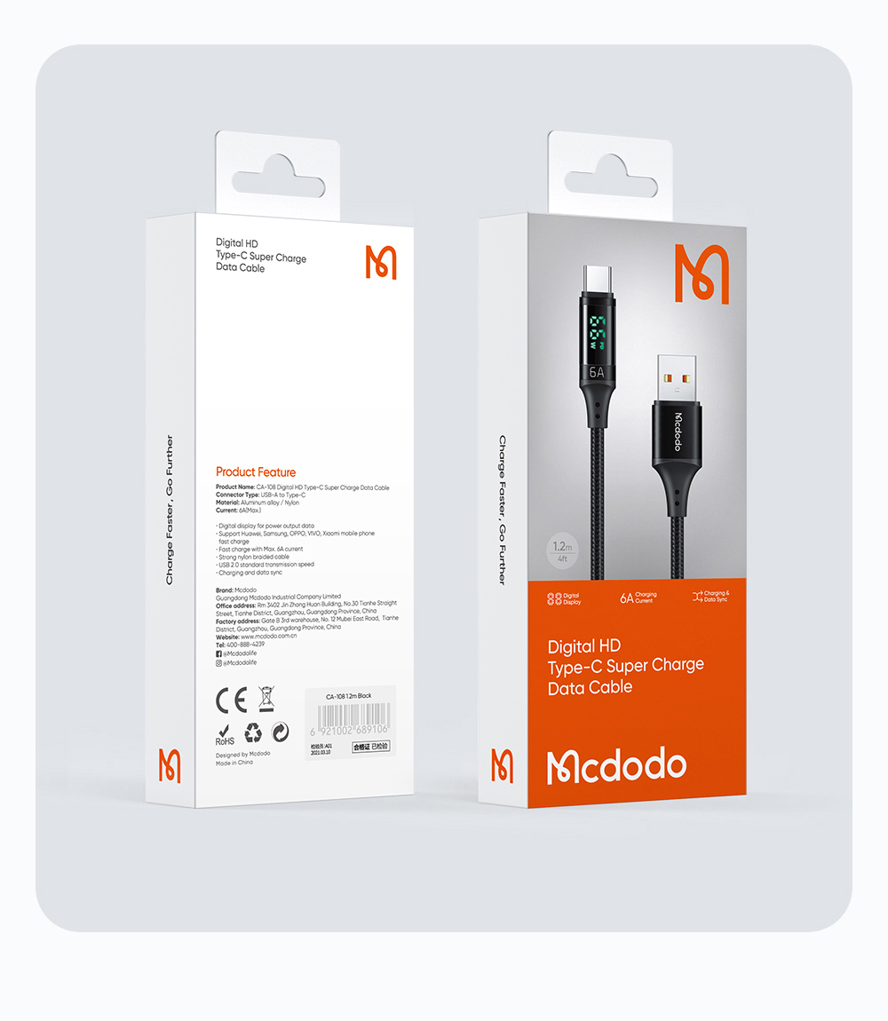 Digital HD USB-A to USB-C 66W Fast Charging 6A High Current Nylon ...
