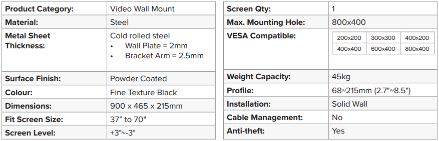 Arkin Anti-Theft Pop Out Video Wall Mount for 37" to 70" TV Screens AR ...