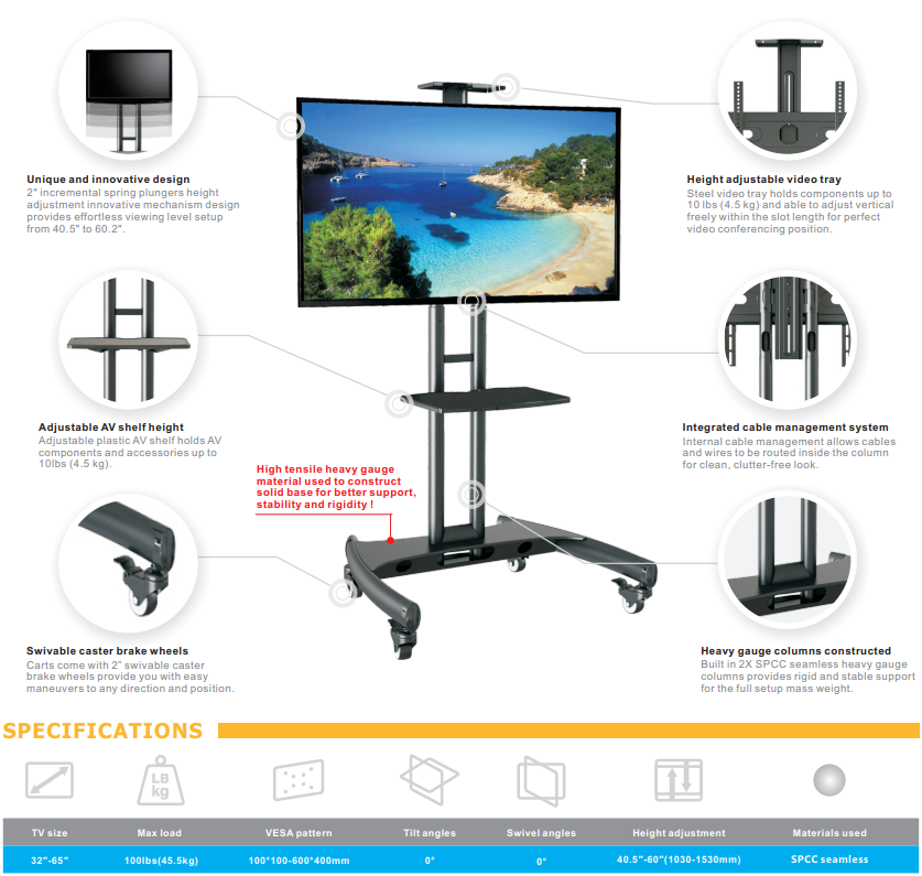 Height Adjustable TV Trolley Stand for 40" to 65" TV Screens - InkStation