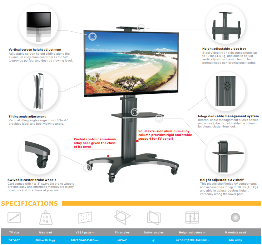 Height Adjustable TV Trolley Stand for 32" to 65" TV Screens with Tilt ...