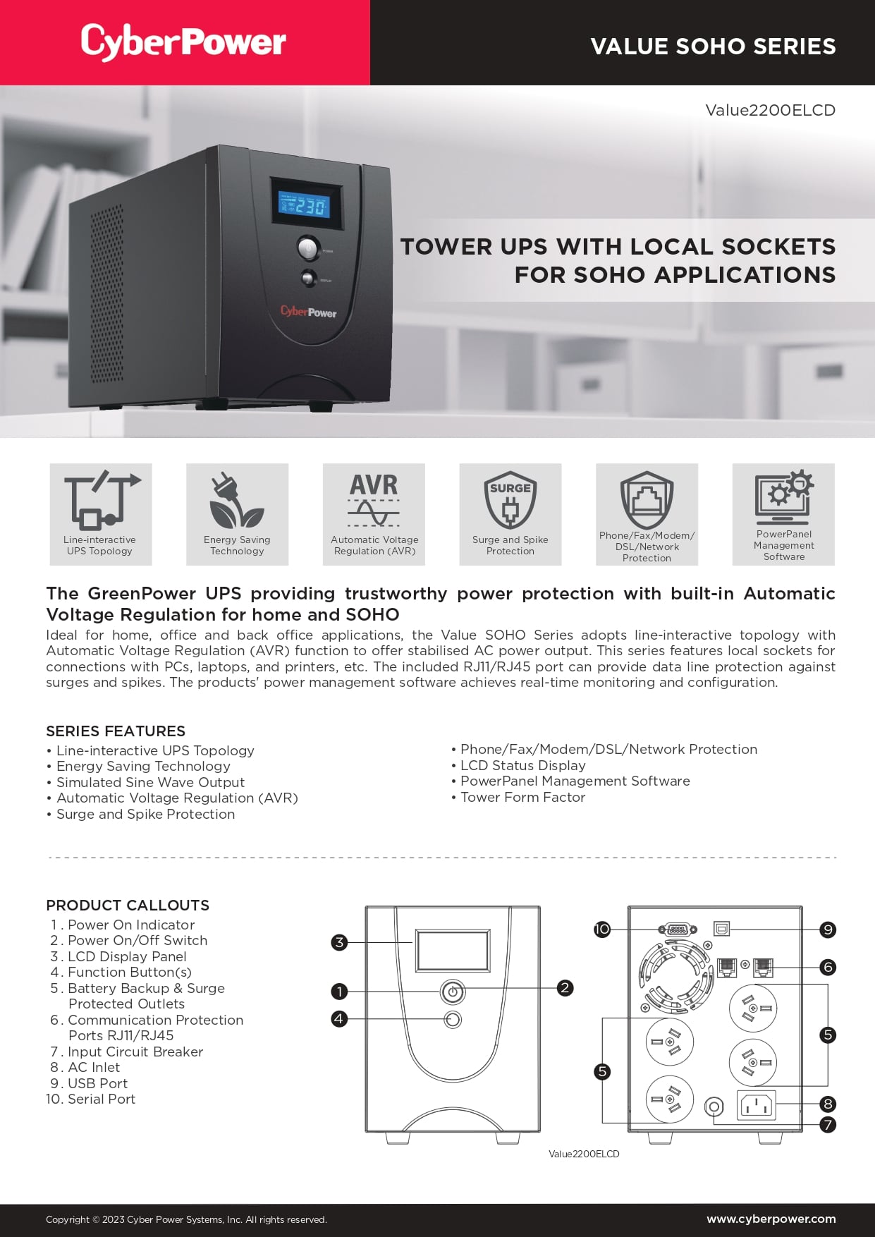 CyberPower Value Tower LCD 2200VA Backup UPS System - VALUE2200ELCD ...