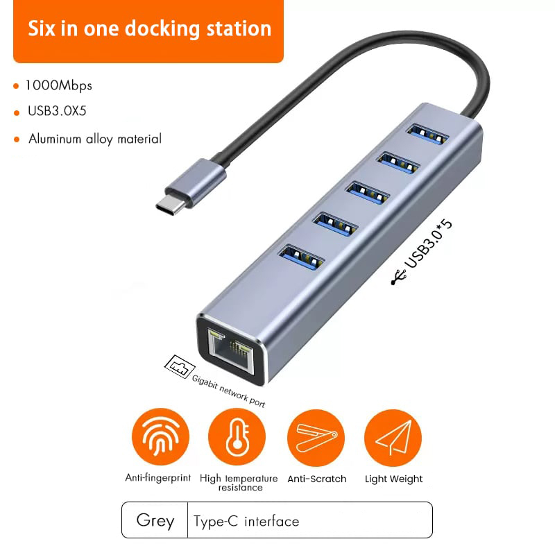 6-In-1 USB-C to USB-A x 5 AND RJ45 Ehthernet Port SuperSpeed Data ...