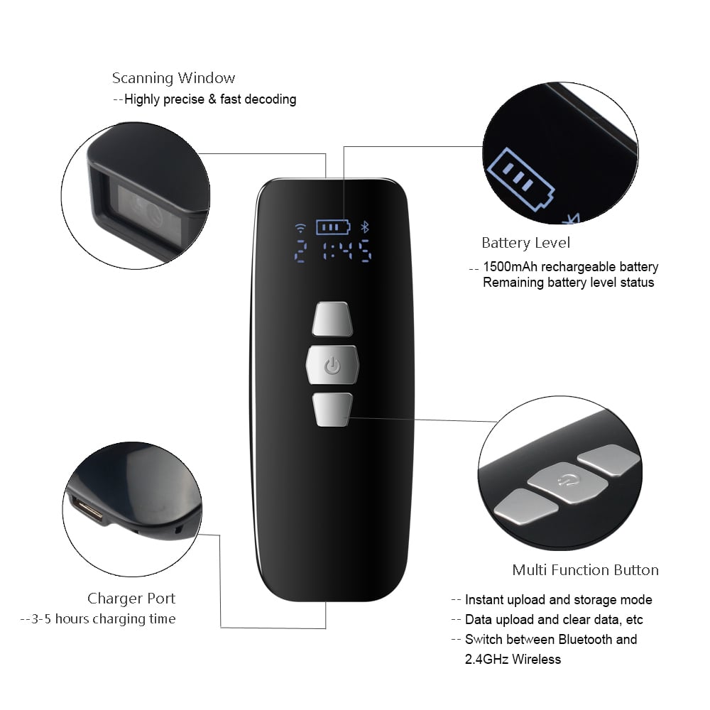 Portable 2D Bluetooth Wireless Barcode QR Code Scanner IS-3200DB (Black ...