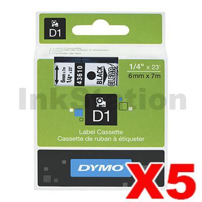 Dymo 5 x SD43610 / S0720770 Genuine 6mm Black Text on Clear Label ...