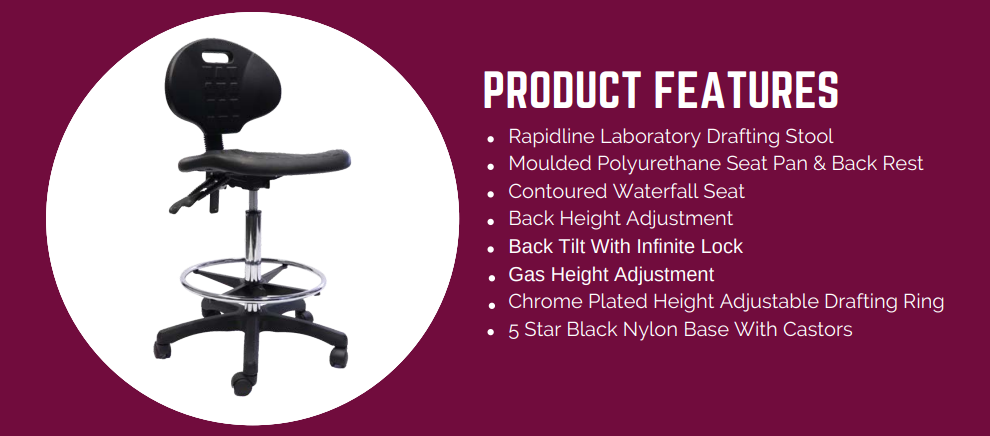 Laboratory Drafting Stool with Polyurethane Seat 5yr Warranty - InkStation