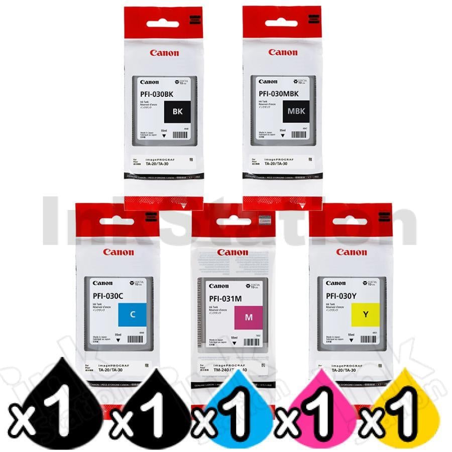 Canon 5 Pack Genuine PFI-030 Ink Tank Combo [1BK,1MBK,1C,1M,1Y] - Ink Cartridges - InkStation
