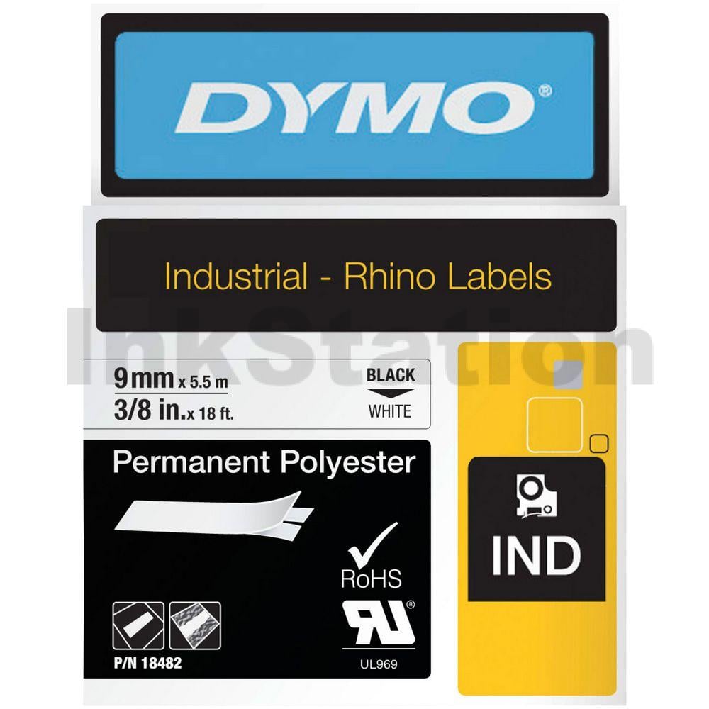Dymo SD18482 Genuine 9mm Black Text on White Permanent Polyester Industrial Rhino Label Cassette ...