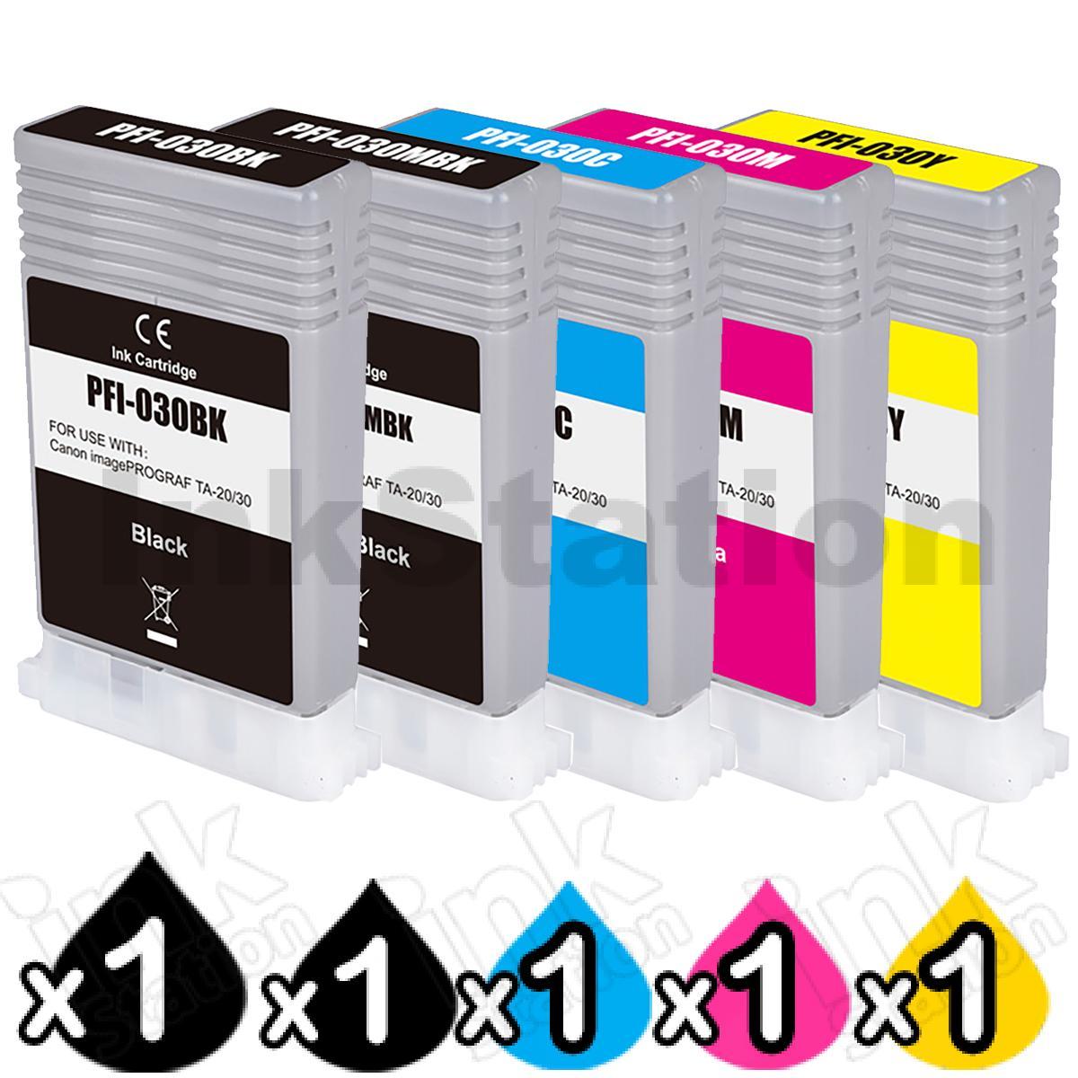 Canon 5 Pack Compatible PFI-030 Ink Tank Combo [1BK,1MBK,1C,1M,1Y] - Ink Cartridges - InkStation