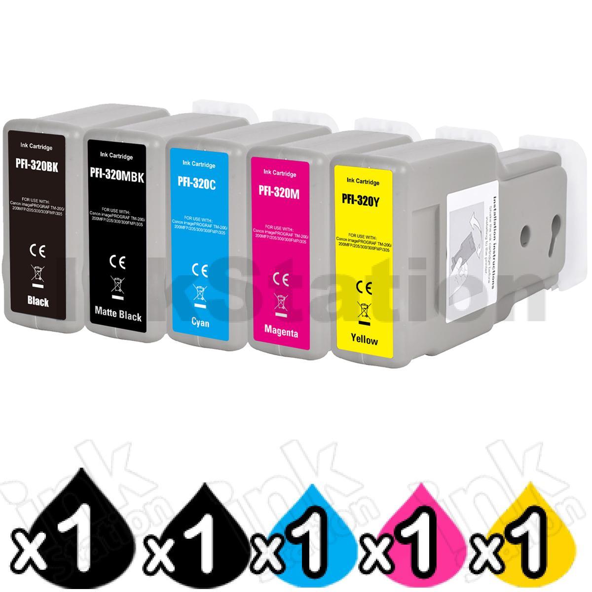 Canon 5 Pack Compatible PFI-320 300ML Ink Cartridge Combo [1BK,1MBK,1C ...