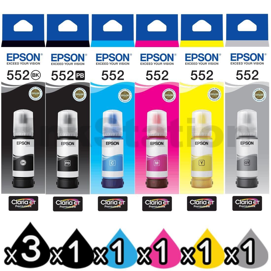 Epson 8-Pack Genuine T552 Claria EcoTank Ink Bottle Combo [3BK,1PBK,1C ...