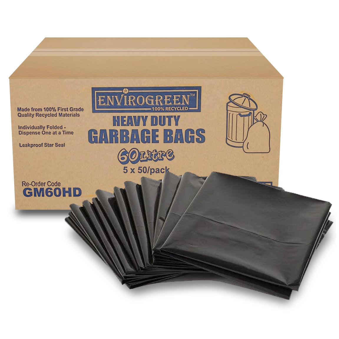 Heavy Duty Black Recycled Garbage Bags 60L - 250 Bags each - InkStation