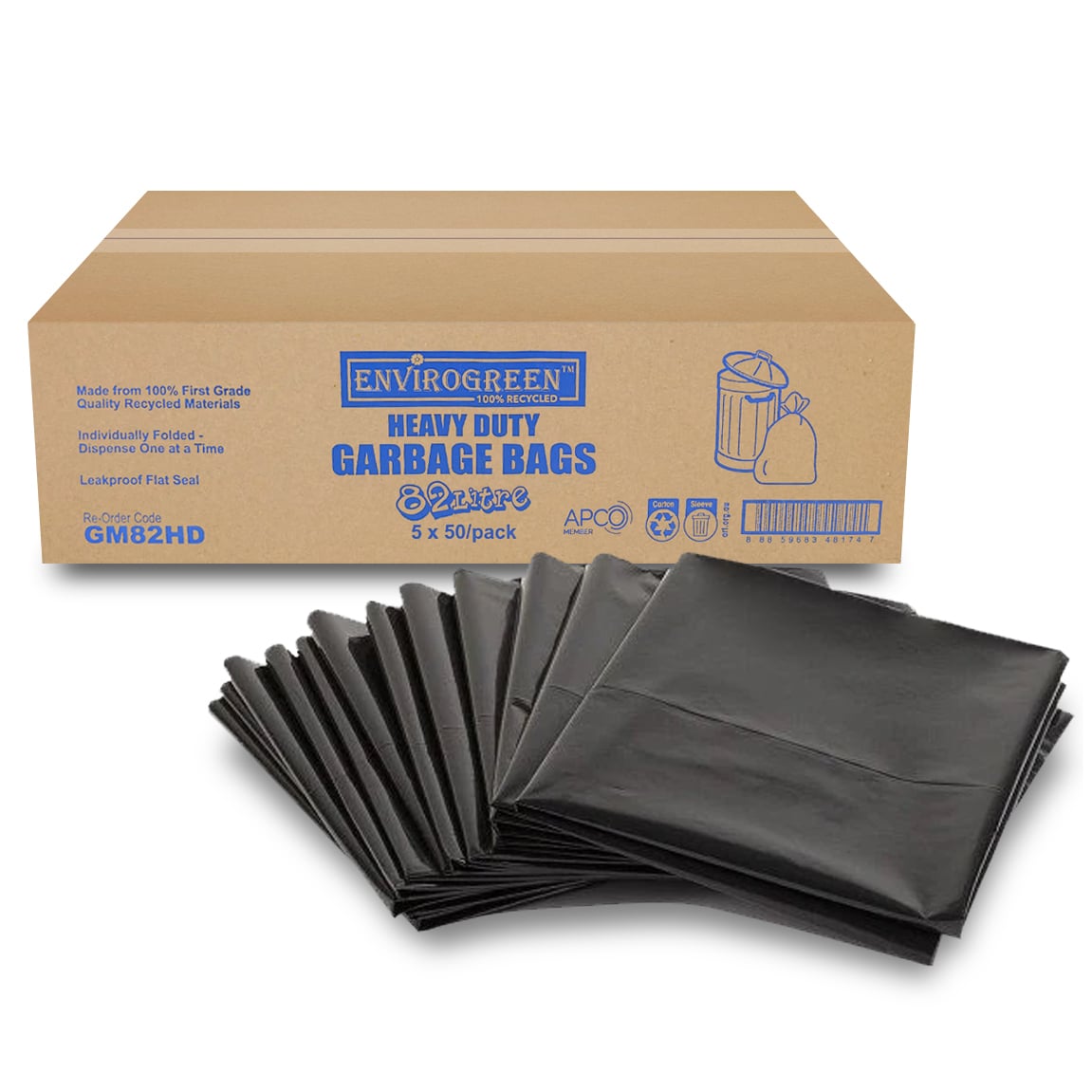 Heavy Duty 82L Black Recycled Garbage Bags 90x79cm - 250 Bags each ...