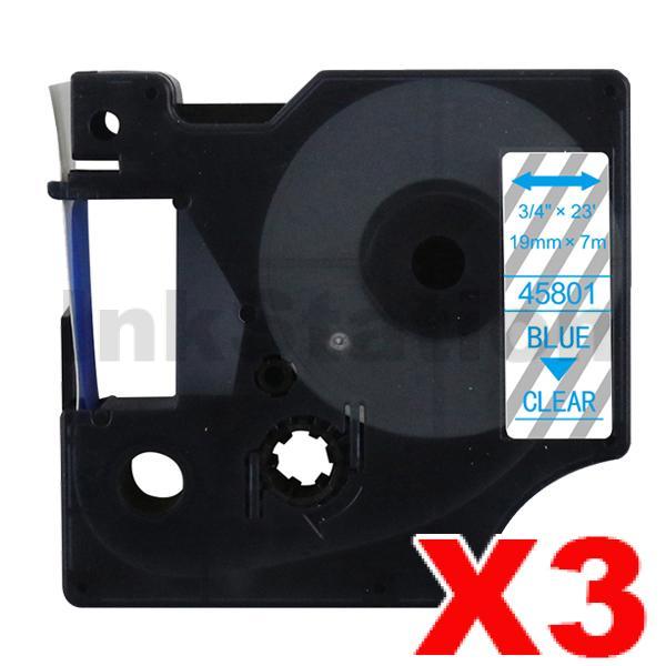 Dymo 3 x SD45801 Compatible 19mm Blue Text on Clear Label Cassette - 7 ...