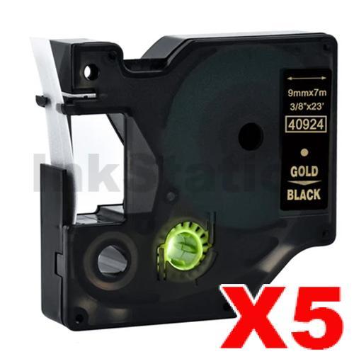 Dymo 5 x SD40924 Compatible 9mm Gold Text on Black Label Cassette - 7 ...