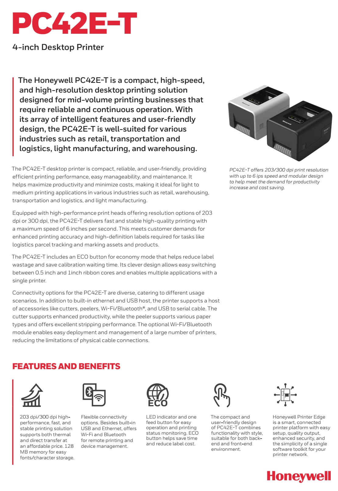 Honeywell PC42E-T 300DPI High Resolution Thermal Transfer Desktop ...