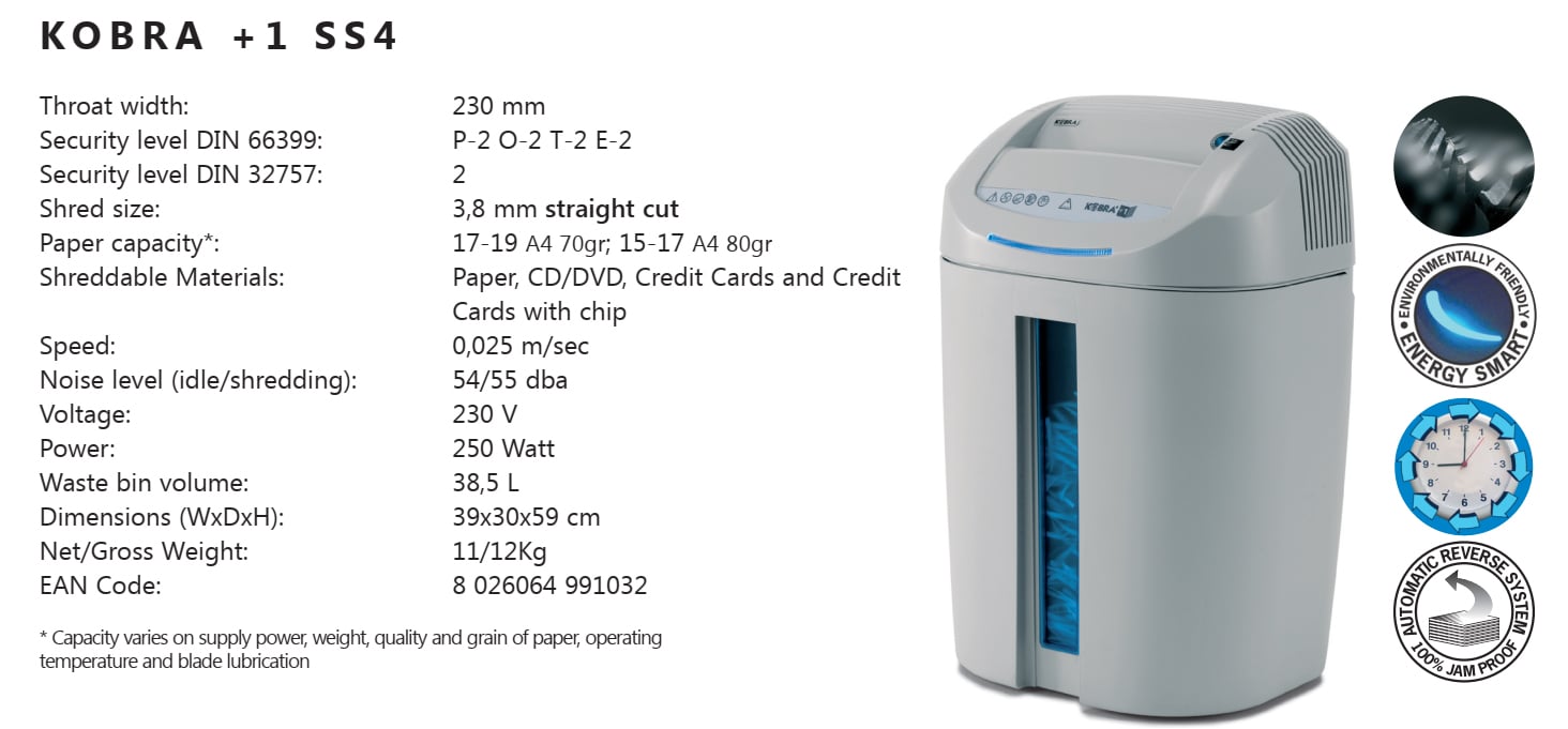 KOBRA +1 SS4 19-Sheet Strip Cut Shredder with Continuous Motor & Removable 38.5L Large Bin ...