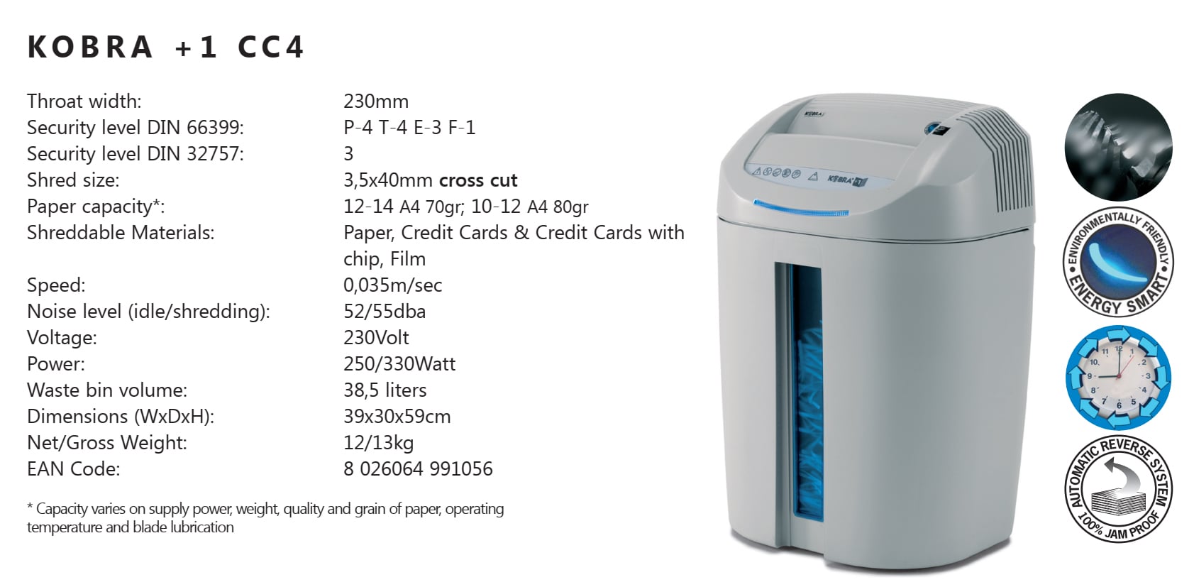 KOBRA +1 CC4 14-Sheet Cross Cut Shredder with Continuous Motor & Removable 38.5L Large Bin ...