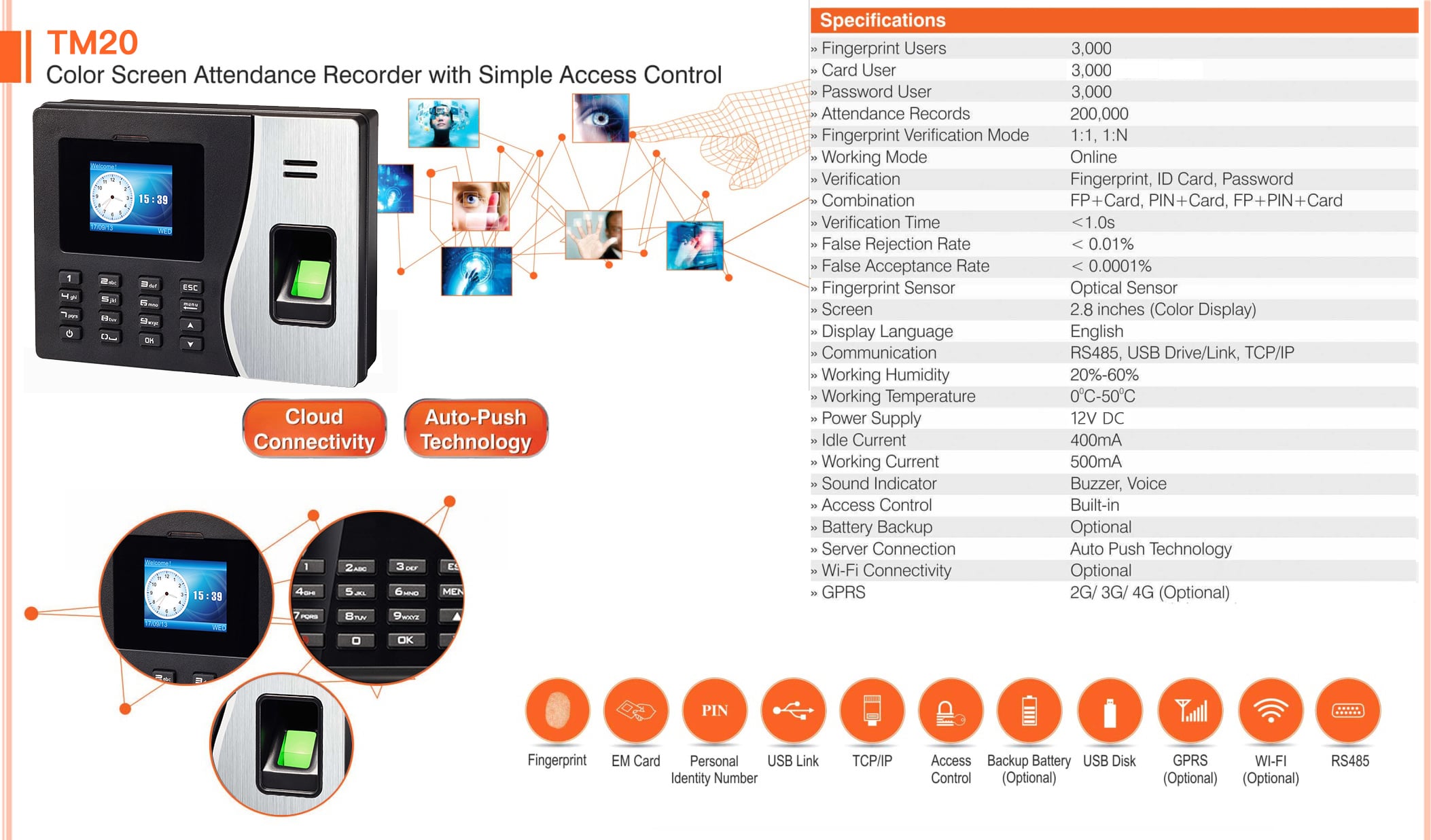 Time Attendance Machine TM20 Fingerprint/RFID card/Password Access Control Check-in Device TCP ...