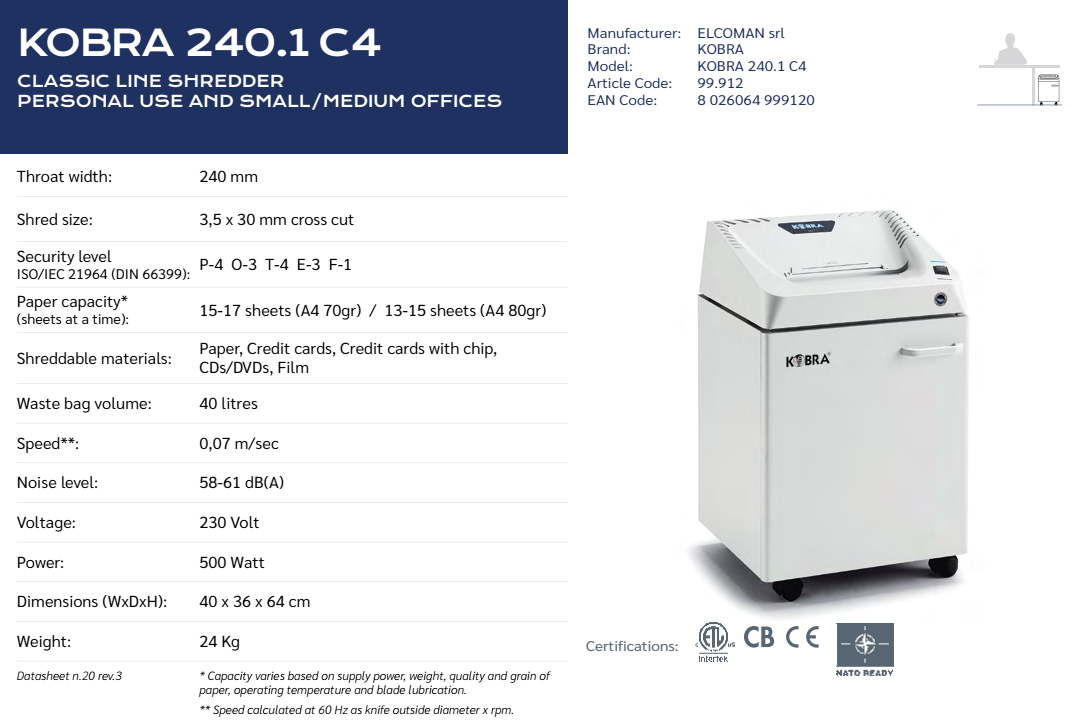 KOBRA 240.1 C4 17-Sheet cross Cut Shredder with Continuous Motor ...