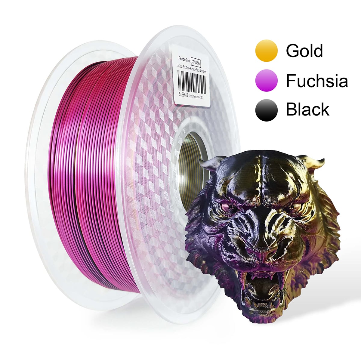 1 x Silk PLA 3D Filament 1.75mm Tricolour Gold & Fuchsia & Black - 1KG ...
