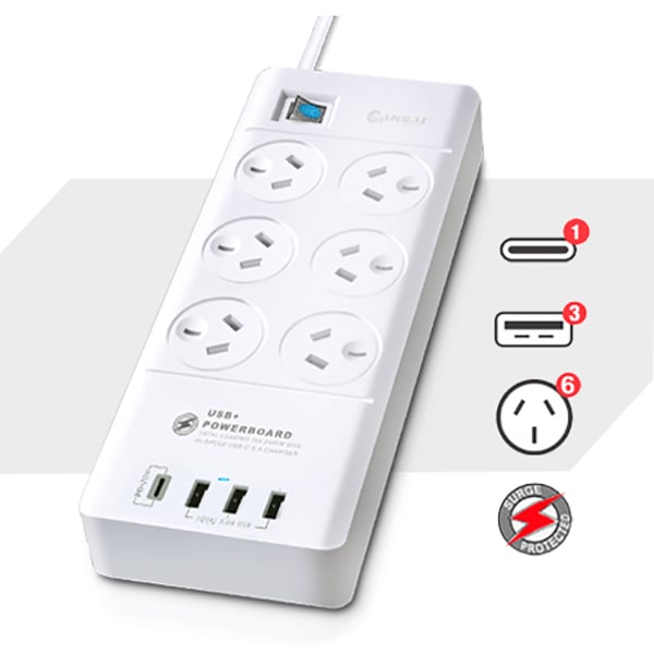 Sansai 6 Outlet Surge Protected Power Board with 4x USB-A Charging ...